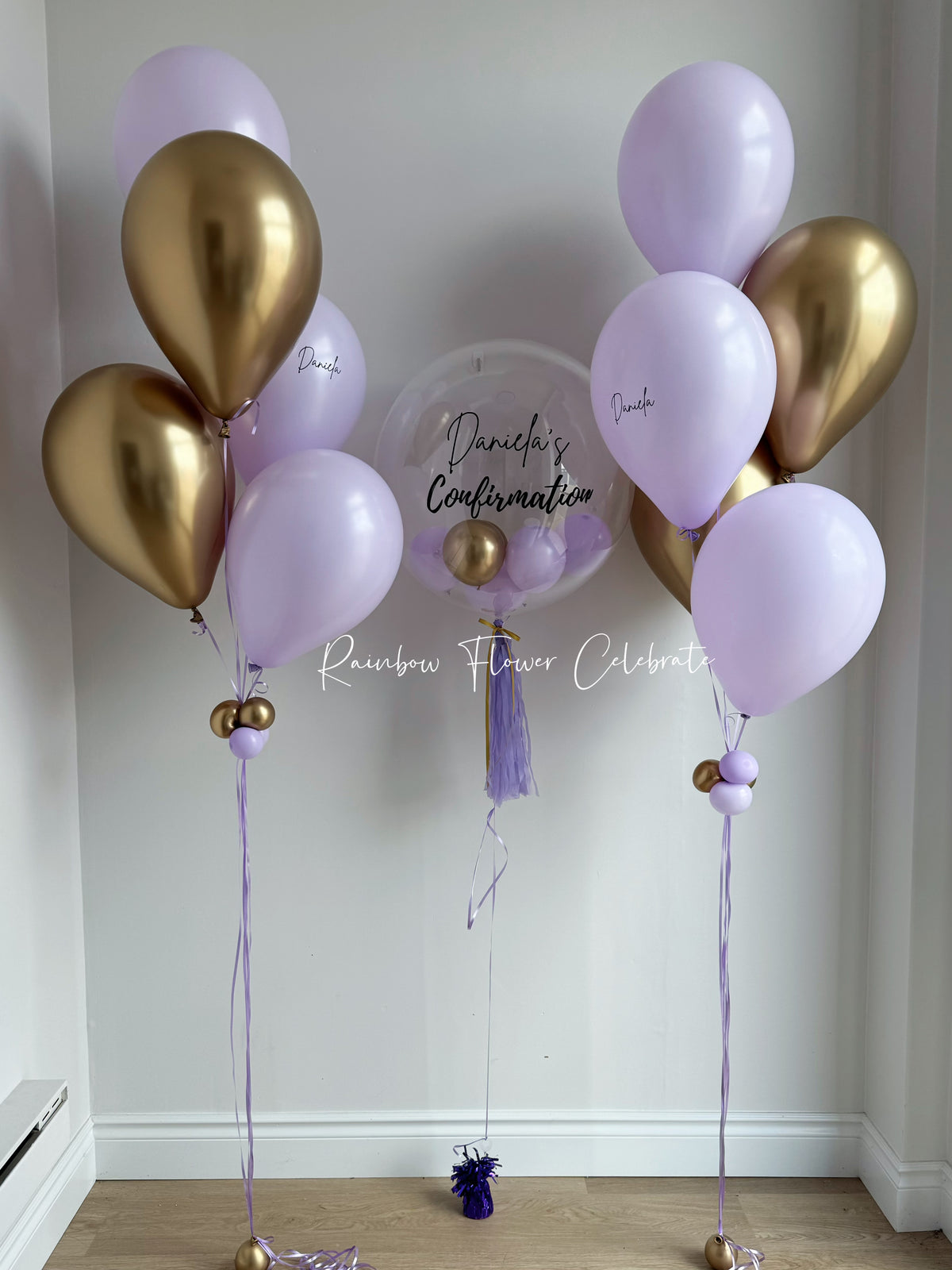 Personalized Clear Bobo Balloon Helium Bouquet | Rainbow Flower Celebrate